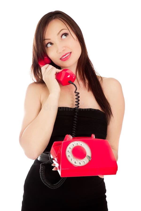 Girl with Old Red Telephone Stock Image - Image of black, couture: 20199797