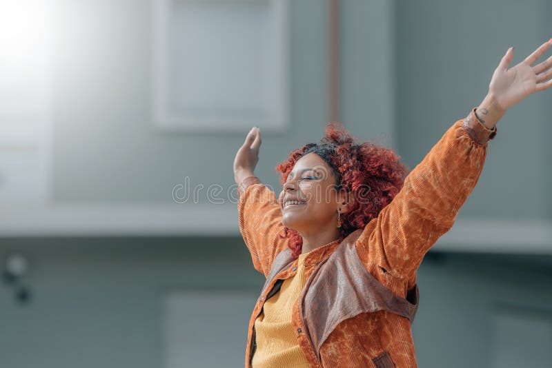 Girl with Open Arms Relaxed Outdoors Stock Image - Image of confidence ...