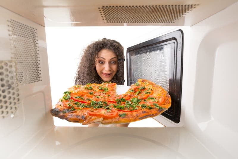 Girl open a microwave stock photo. Image of lips, happy - 31074876