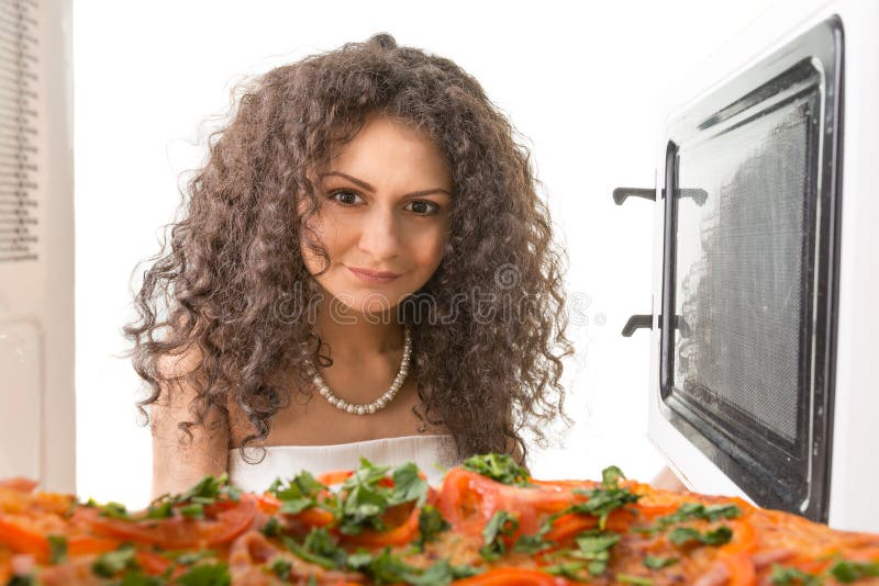 Girl open a microwave stock photo. Image of expressing - 22839078