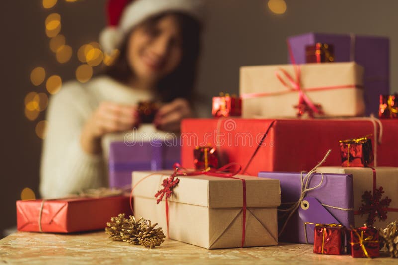Girl Opening Christmas Presents Stock Image - Image of decorated ...