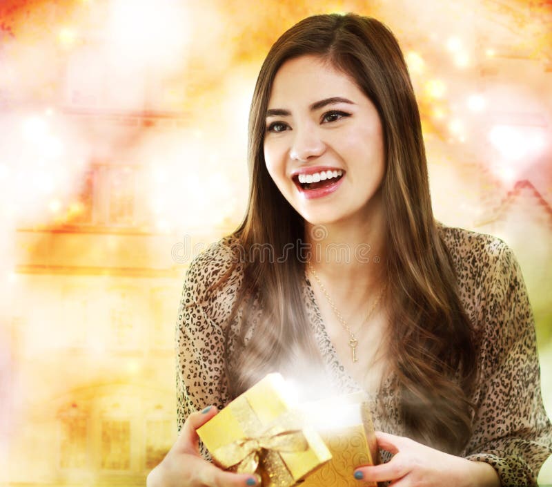 Girl Opening a Gift Box stock image. Image of multi, happiness - 26979601