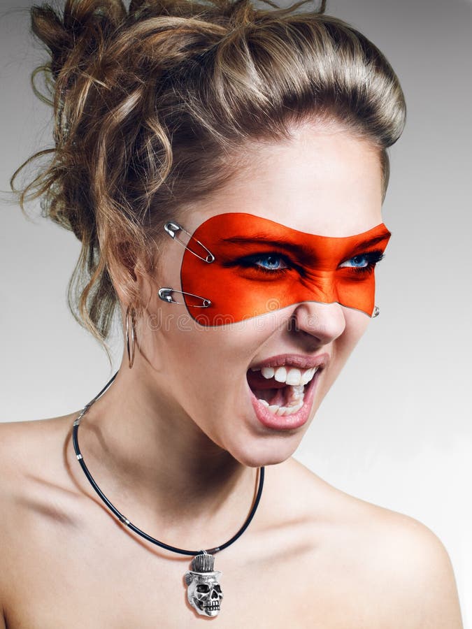 Girl in Orange Leather Mask Screaming Stock Photo - Image of eyes ...