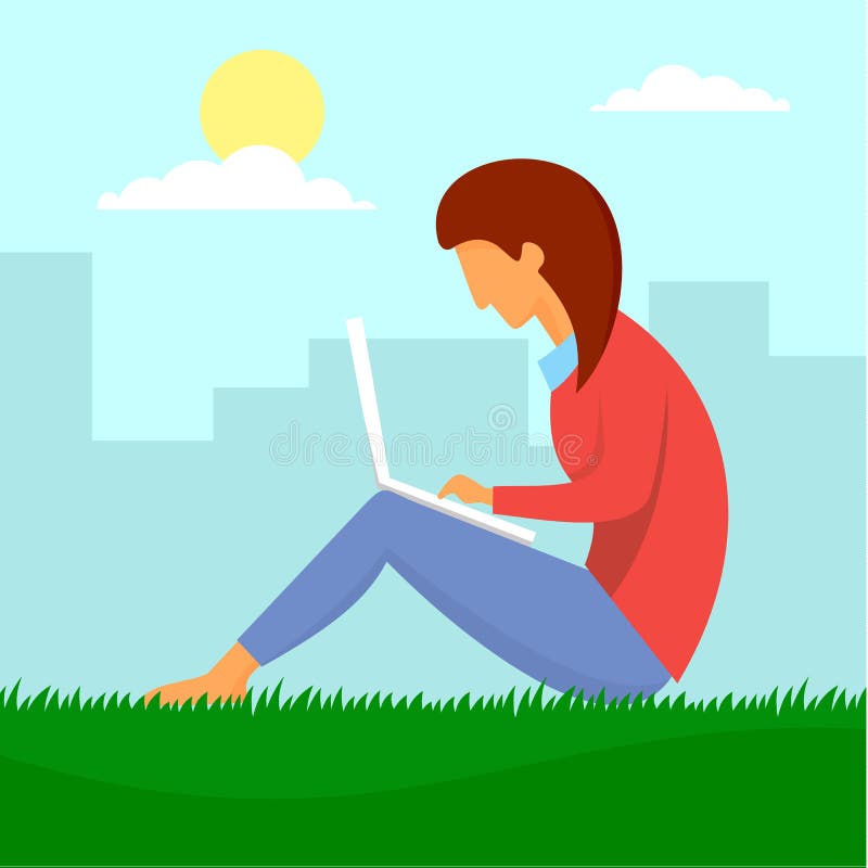 Girl Outdoor Distant Work Concept Background, Flat Style Stock Vector ...