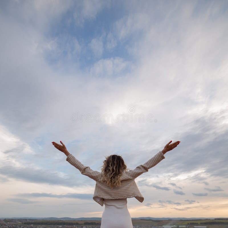 Girl with Outstretched Hands To Sky. Back View Stock Photo - Image of ...