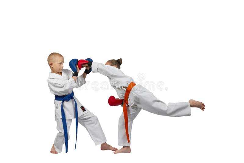 Girl is the Beating Boy on the Head with a Circular Kick Leg Stock ...