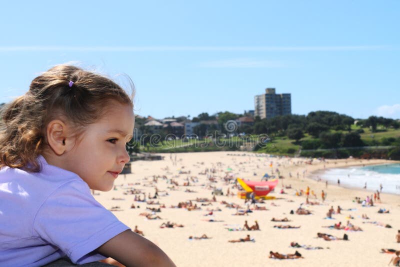 Girl Overlooking Crowded Summer Beach Stock Image - Image of surf ...