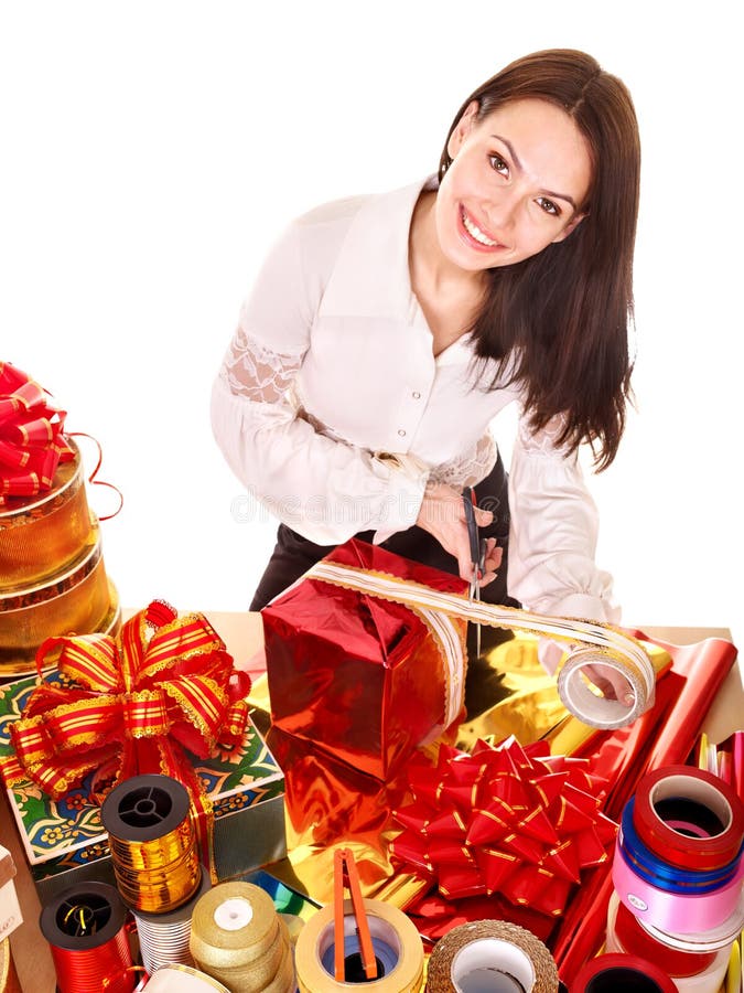 Girl Packing Group of Gift Box. Stock Photo - Image of gift, life: 20381166