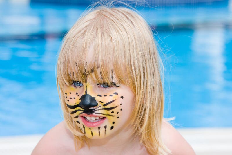 Girl with Paint on His Face in the Pool Stock Image - Image of blond ...