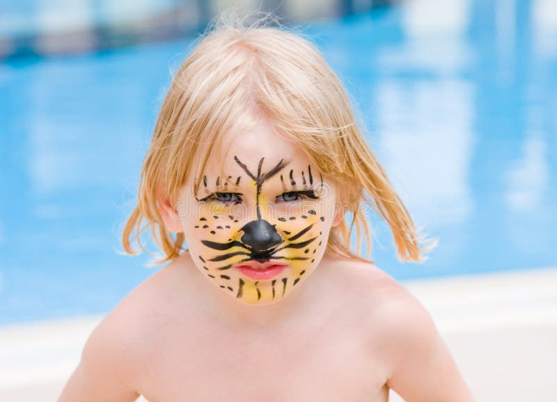Girl with Paint on His Face in the Pool Stock Image - Image of blond ...