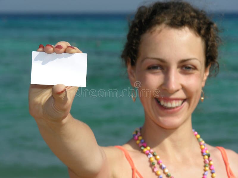 Girl with Paper for Text on Beach Stock Image - Image of expression ...