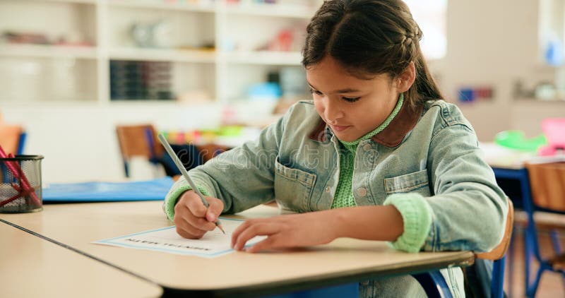 Girl, Paper and Writing Test in Classroom with Problem Solving ...