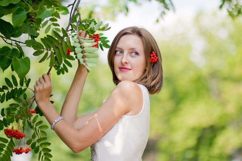 Girl in Park with Red Mountain Ash Stock Photo - Image of young ...