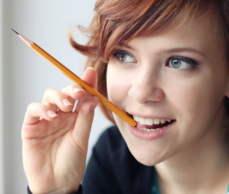 Girl with pencil stock photo. Image of female, drawing - 63291086