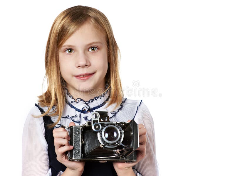 Girl Photographer with Retro Camera Stock Photo - Image of fashioned ...