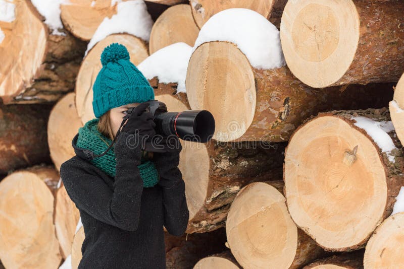 Girl Photographs a Large Camera in Winter Stock Image - Image of ...