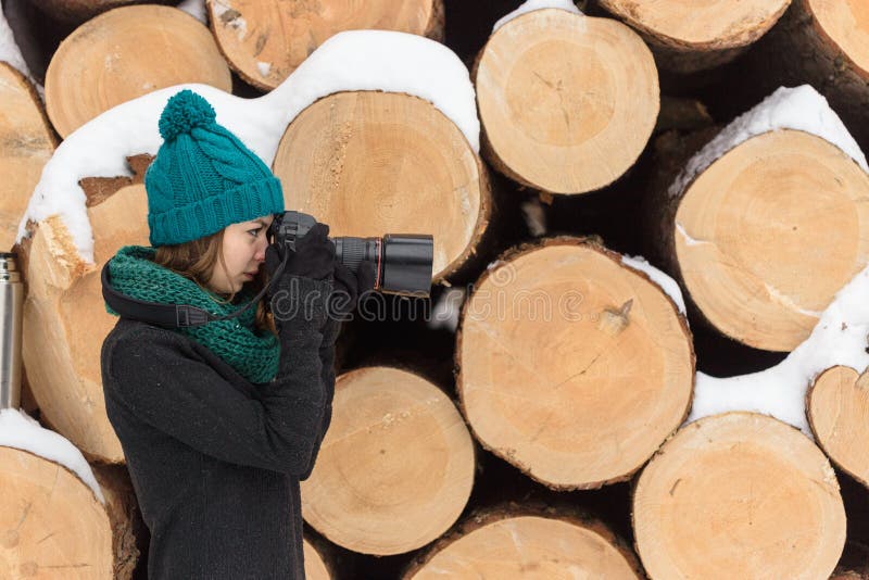 Girl Photographs a Large Camera in Winter Stock Image - Image of ...