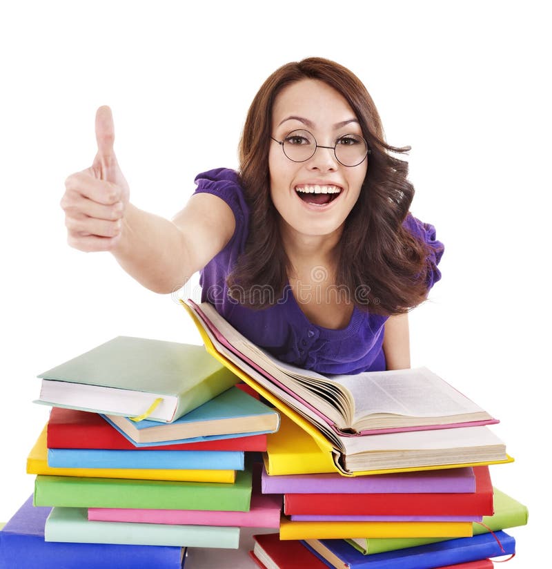 Girl with Pile Book Showing Thumb Up. Stock Image - Image of homework ...