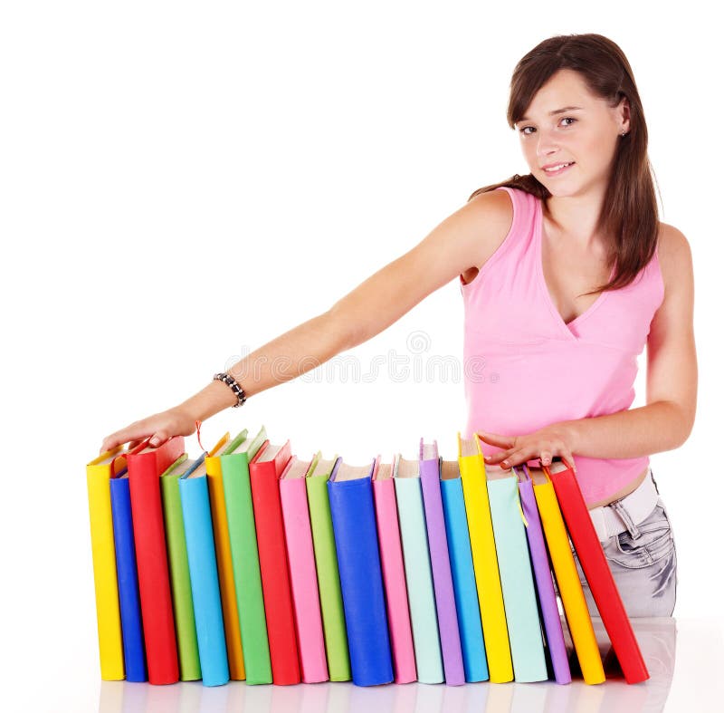 Girl with Pile Colored Book . Stock Image - Image of pile, book: 15947675