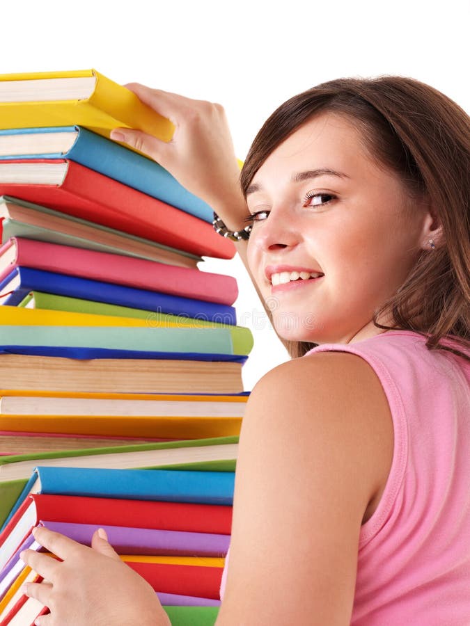 Girl with Pile Colored Book. Stock Photo - Image of school, learning ...