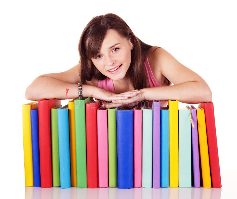 Girl with Pile Colored Book . Stock Photo - Image of cheerful, girl ...