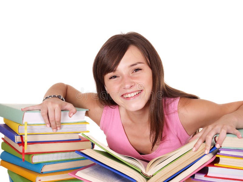 Girl with Pile Colored Book . Stock Image - Image of education, colored ...