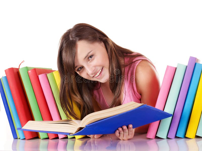 Girl with Pile Colored Book. Stock Image - Image of happy, pile: 16929027