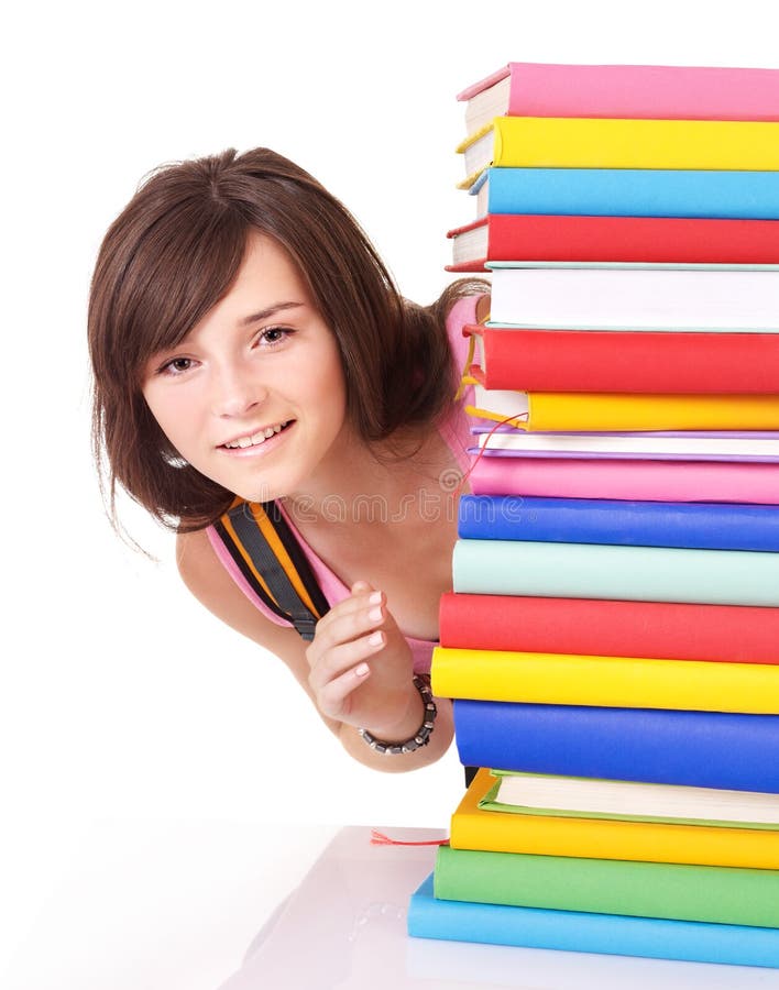 Girl with Pile Colored Book . Stock Photo - Image of girl, cheerful ...