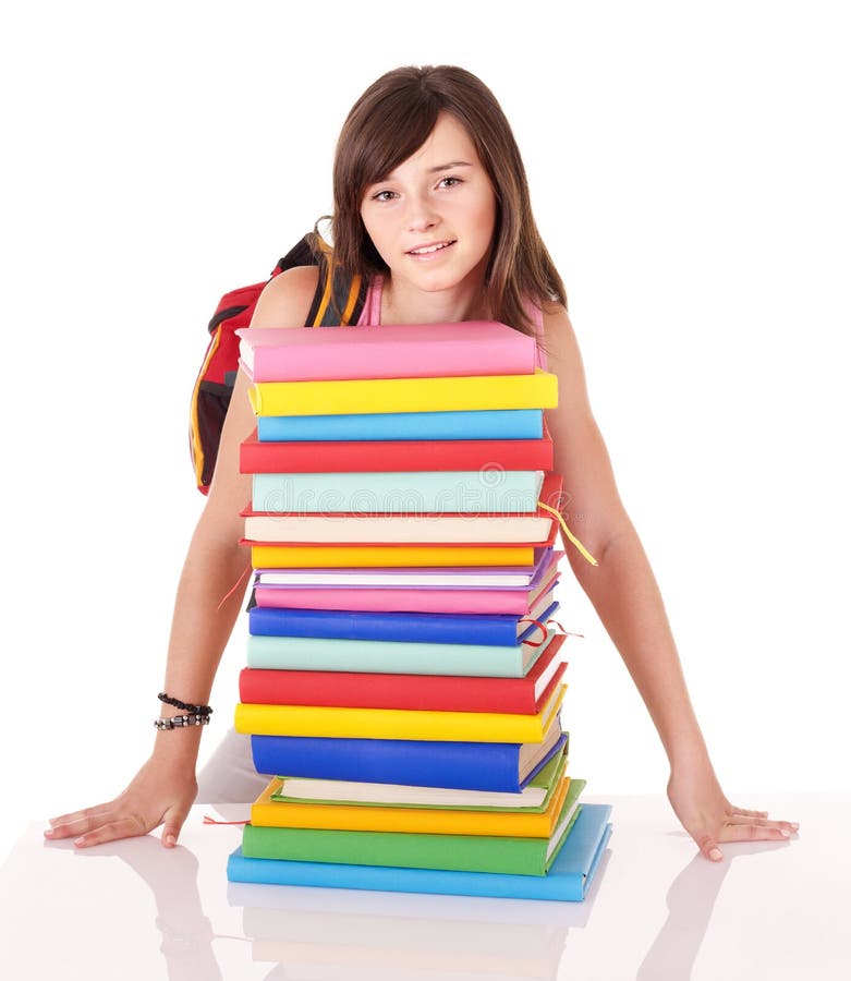 Girl with Pile Colored Book . Stock Image - Image of children ...