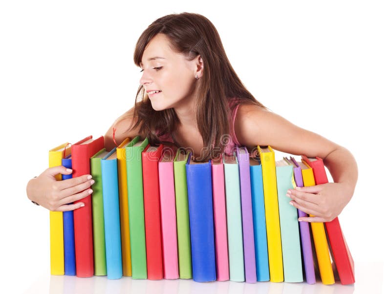 Girl with Pile Colored Book . Stock Image - Image of literature ...