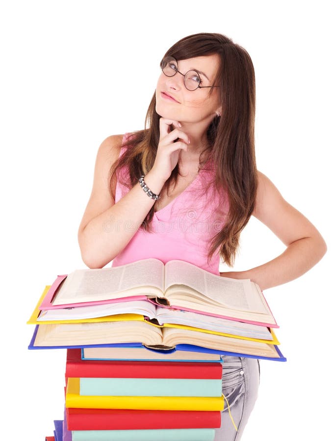 Girl with Pile Colored Book . Stock Image - Image of children ...