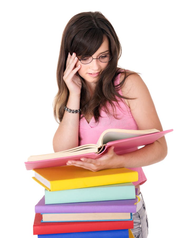 Girl with Pile Colored Book . Stock Image - Image of children ...