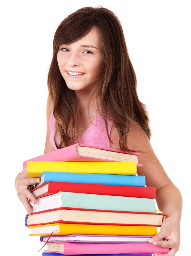 Girl with Pile Colored Book . Stock Photo - Image of children ...