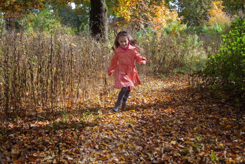 A Girl in a Pink Cloak Runs in the Park in the Fall on the Leaves Stock ...