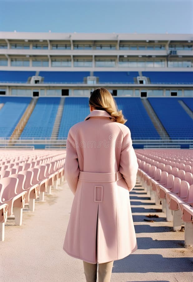 A Girl in a Pink Coat at the Stadium. Stock Image - Image of nature ...