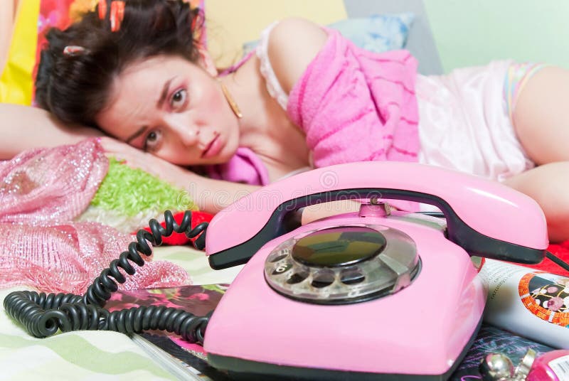 Girl with pink phone stock image. Image of lonely, beauty - 13000011