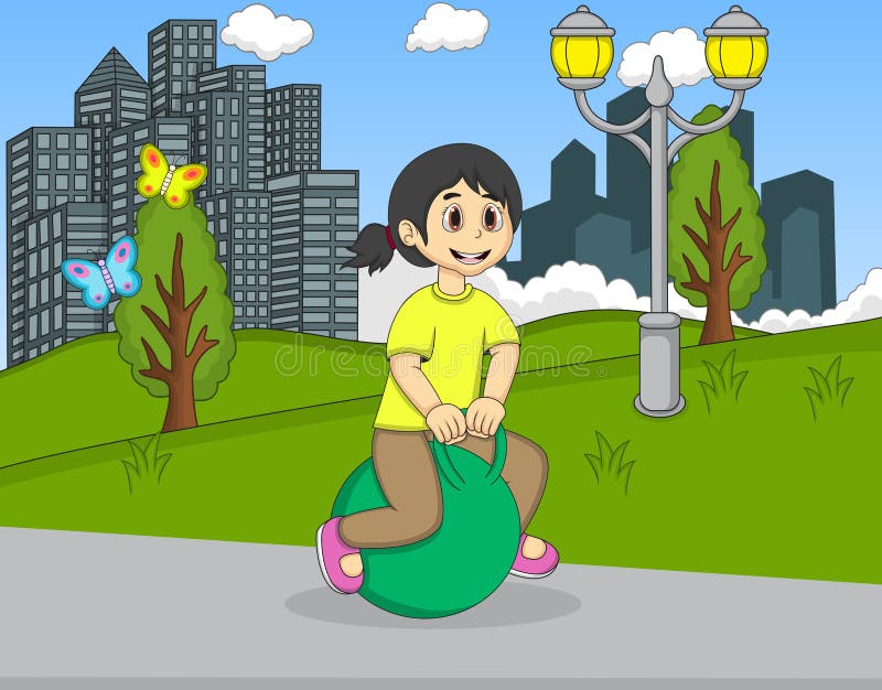 Happy Child Girl Jumping On Bouncing Ball. Stock Illustration ...