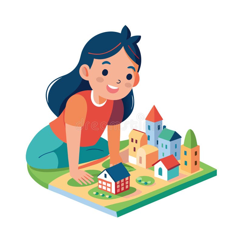 Girl Playing with Colorful Building Blocks Miniature City on a Square ...
