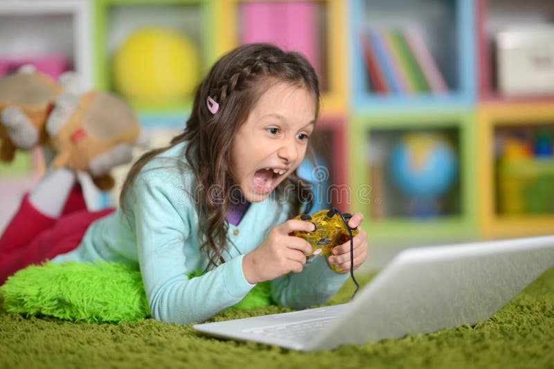 Girl is Playing a Computer Game Stock Image - Image of excited ...
