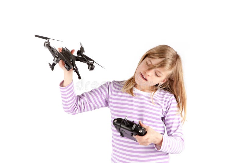 Girl Playing with Drone and Its Remote Control. Isolated on Whit Stock ...
