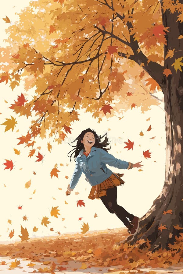Girl Playing in Fall 2D Cartoon Style and Maple Leaf is Faling Stock ...