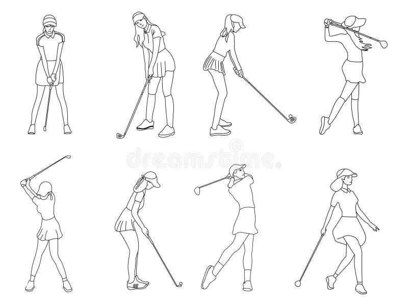 Girl Playing Golf with Different Poses Element Clipart Hand Drawn Stock ...
