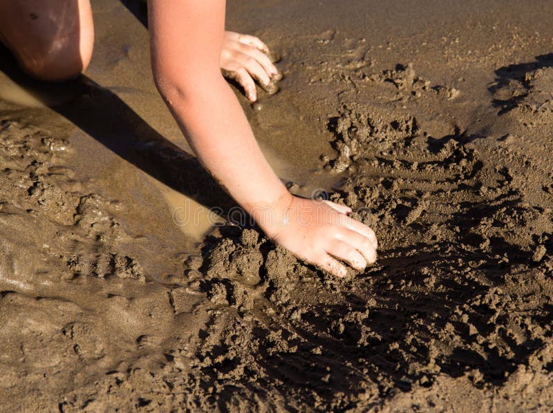 Girl Playing in the Sand on the Lake Stock Image - Image of happiness ...