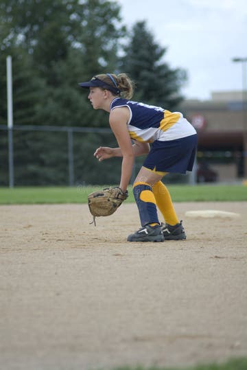 Girl Playing Second Base on Softball Field Stock Photo - Image of ...