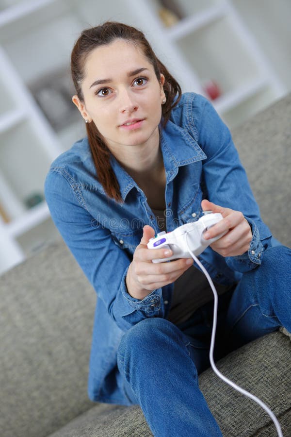 Girl Playing Video Game in Room Stock Image - Image of game, alone ...
