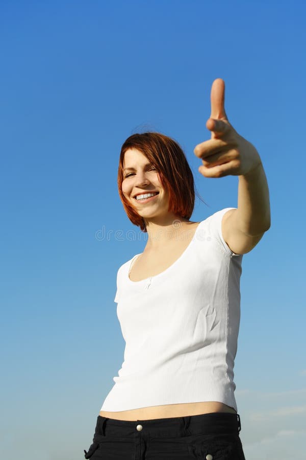 Girl Pointing by Finger To Camera Stock Photo - Image of blue ...
