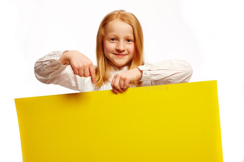 Girl points to the sign stock photo. Image of points - 50144114