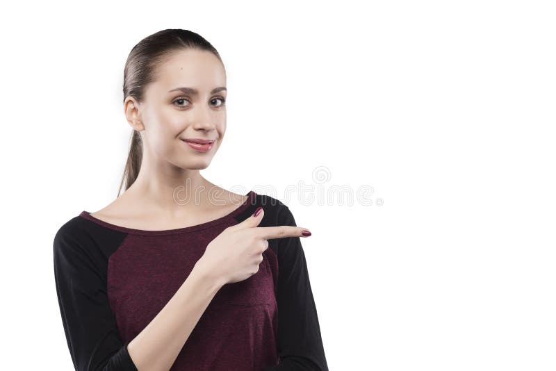Girl Points To Somewhing Isolated on White Stock Image - Image of ...