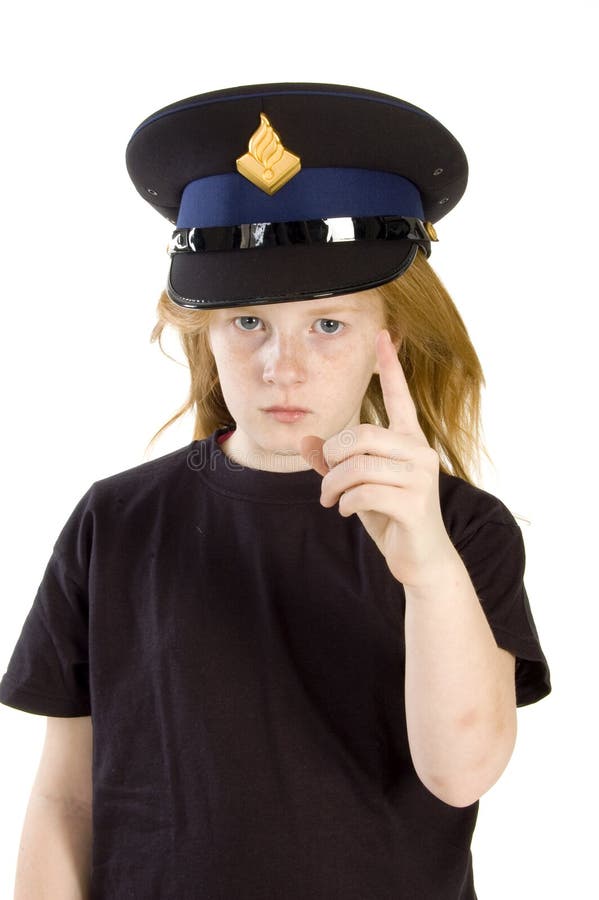 Girl with Police Hat is Giving a Warning Sign Stock Image - Image of ...