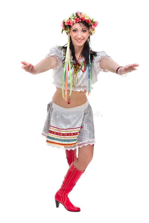 Girl In Polish National Traditional Costume Posing Full Length Portrait Against Isolated White 7781